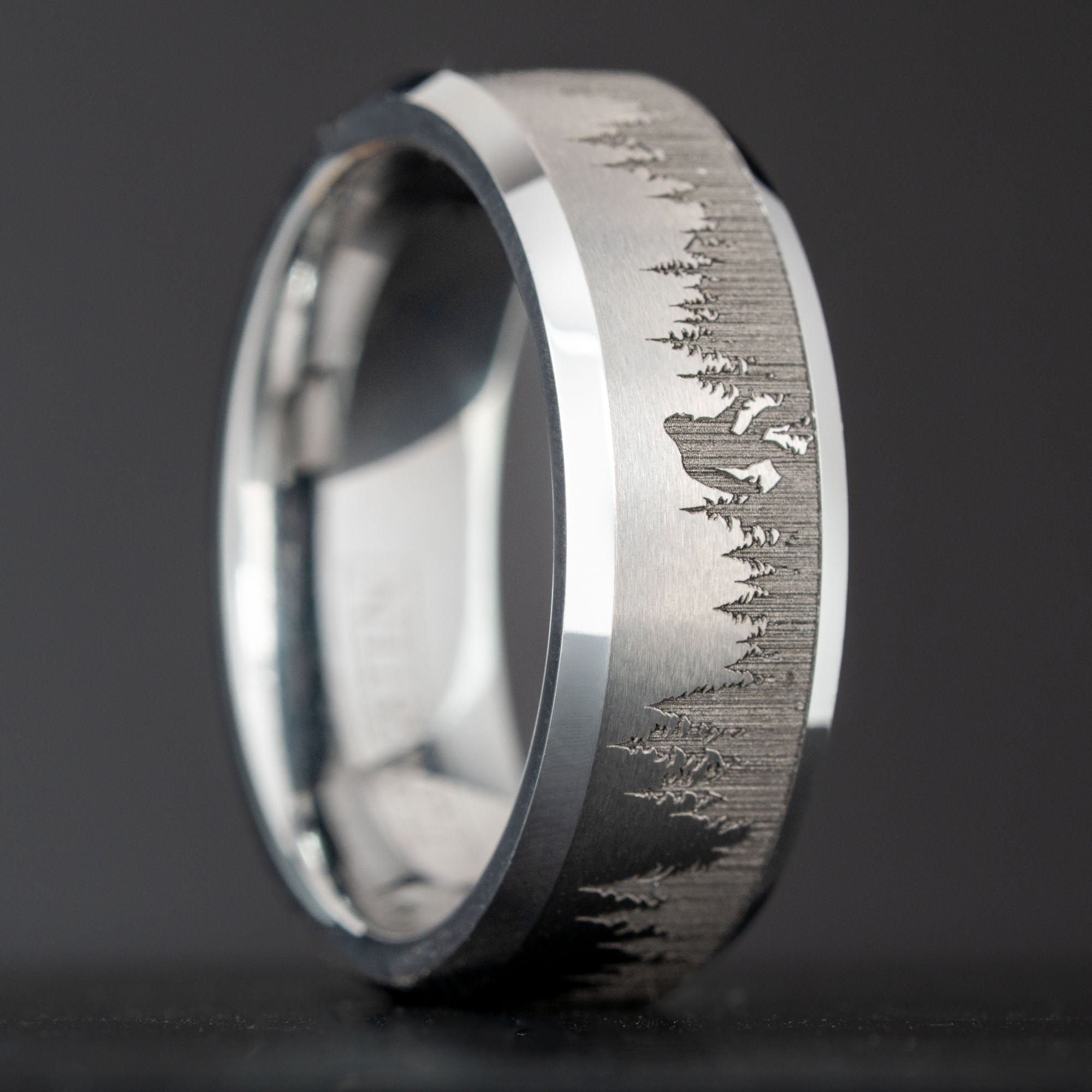 Beveled Tungsten Engraved Sasquatch Sighting Ring | Honest Hands Ring Co