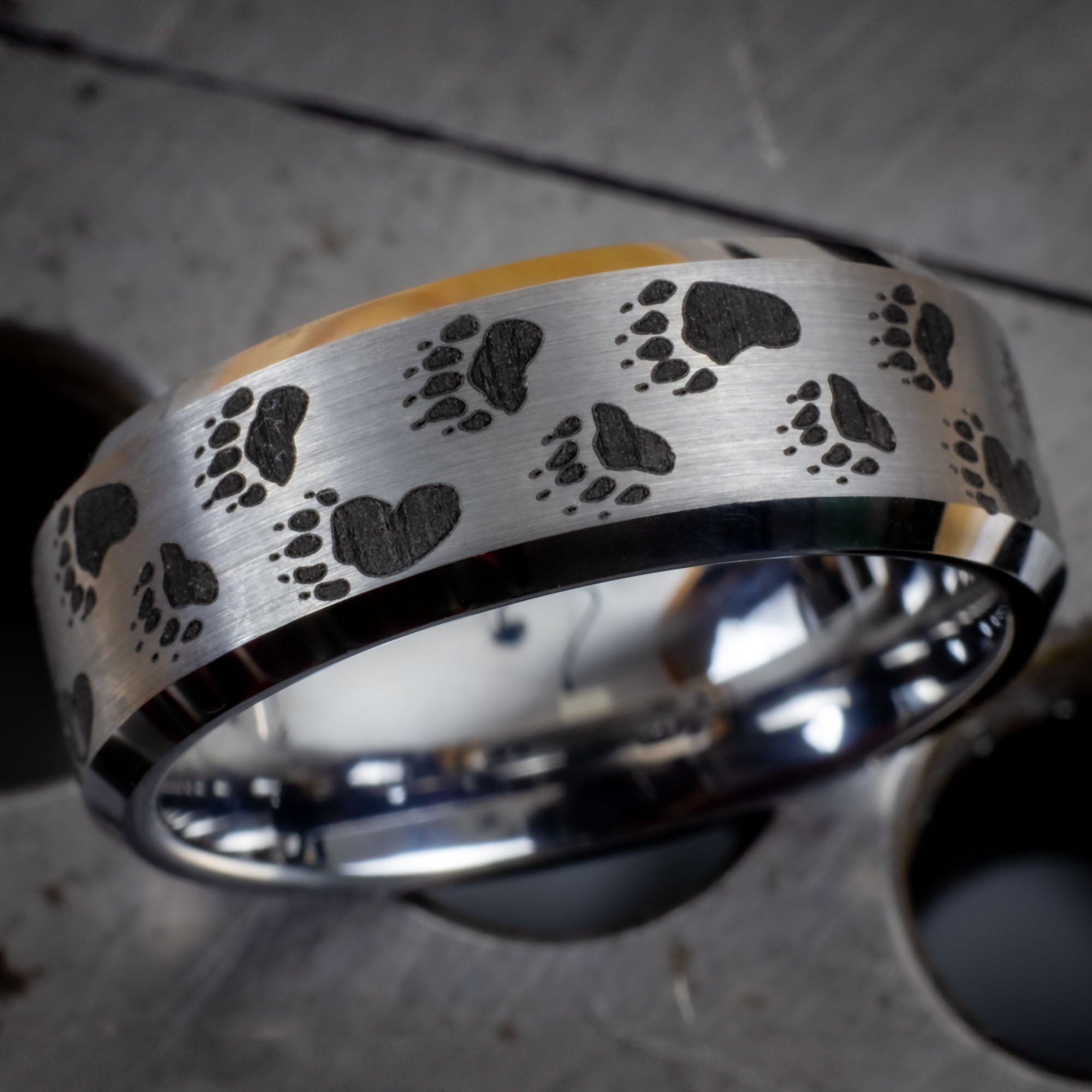 Beveled Tungsten Engraved Bear Tracks Ring