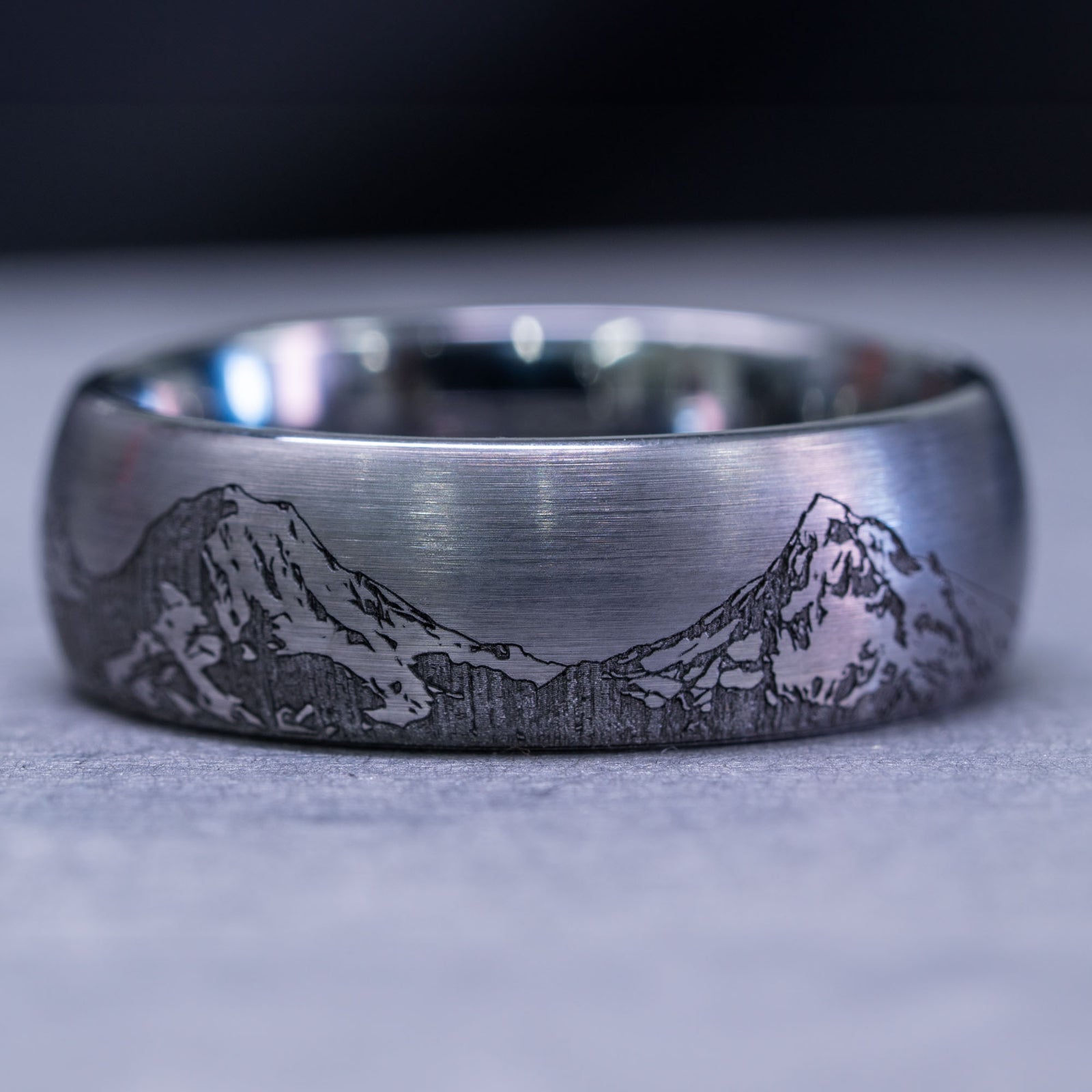 Domed Tungsten Engraved Cascade Range | Pacific Northwest Mountain Rin