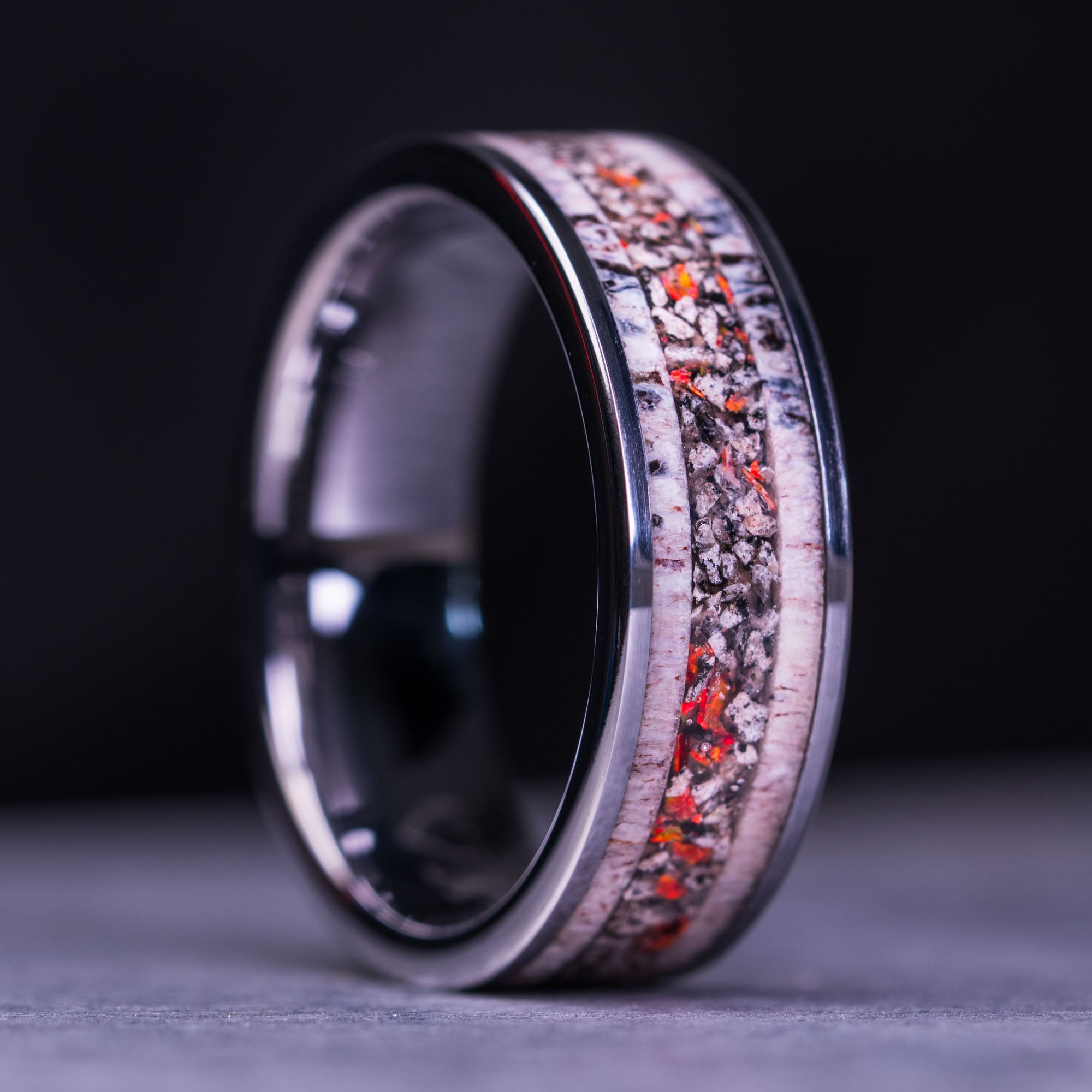 Tungsten Elk Antler Yooper Glow & Fire Opal Inlay Ring | Honest Hands ...