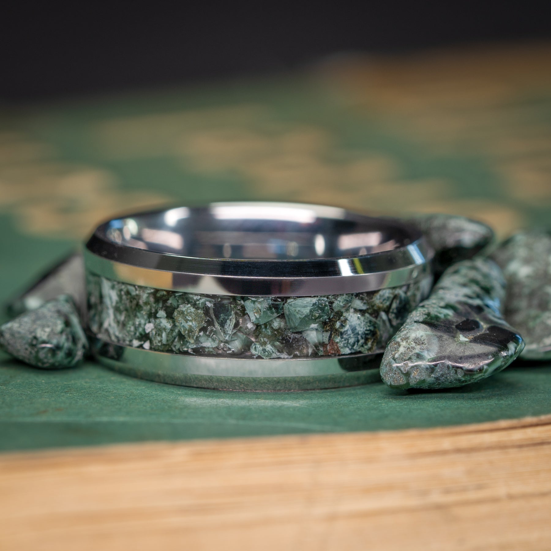 Beveled Tungsten Isle Royale Greenstone Inlay Ring