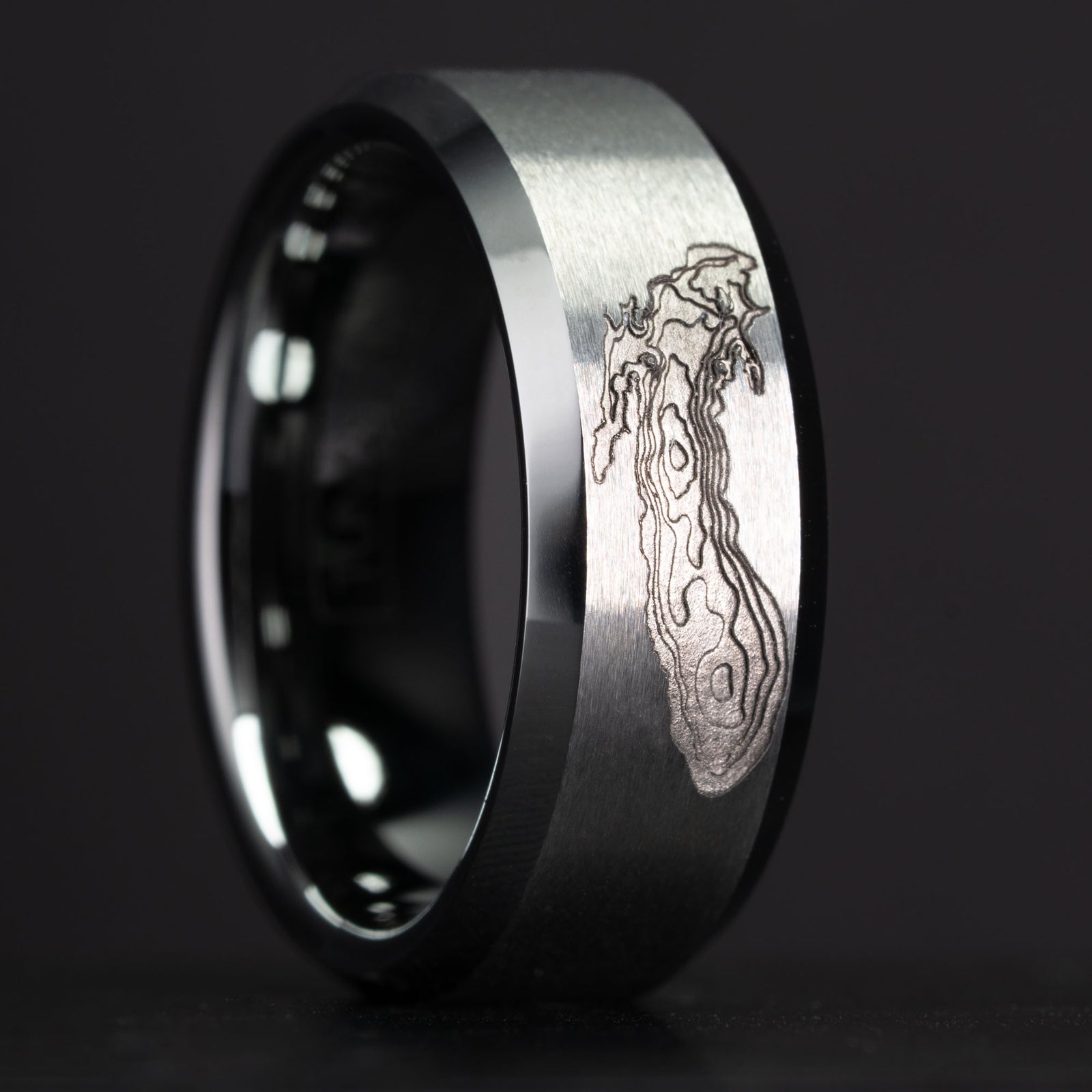 Beveled Tungsten Deep Engraved Lake Michigan Depths Ring | Honest Hands ...