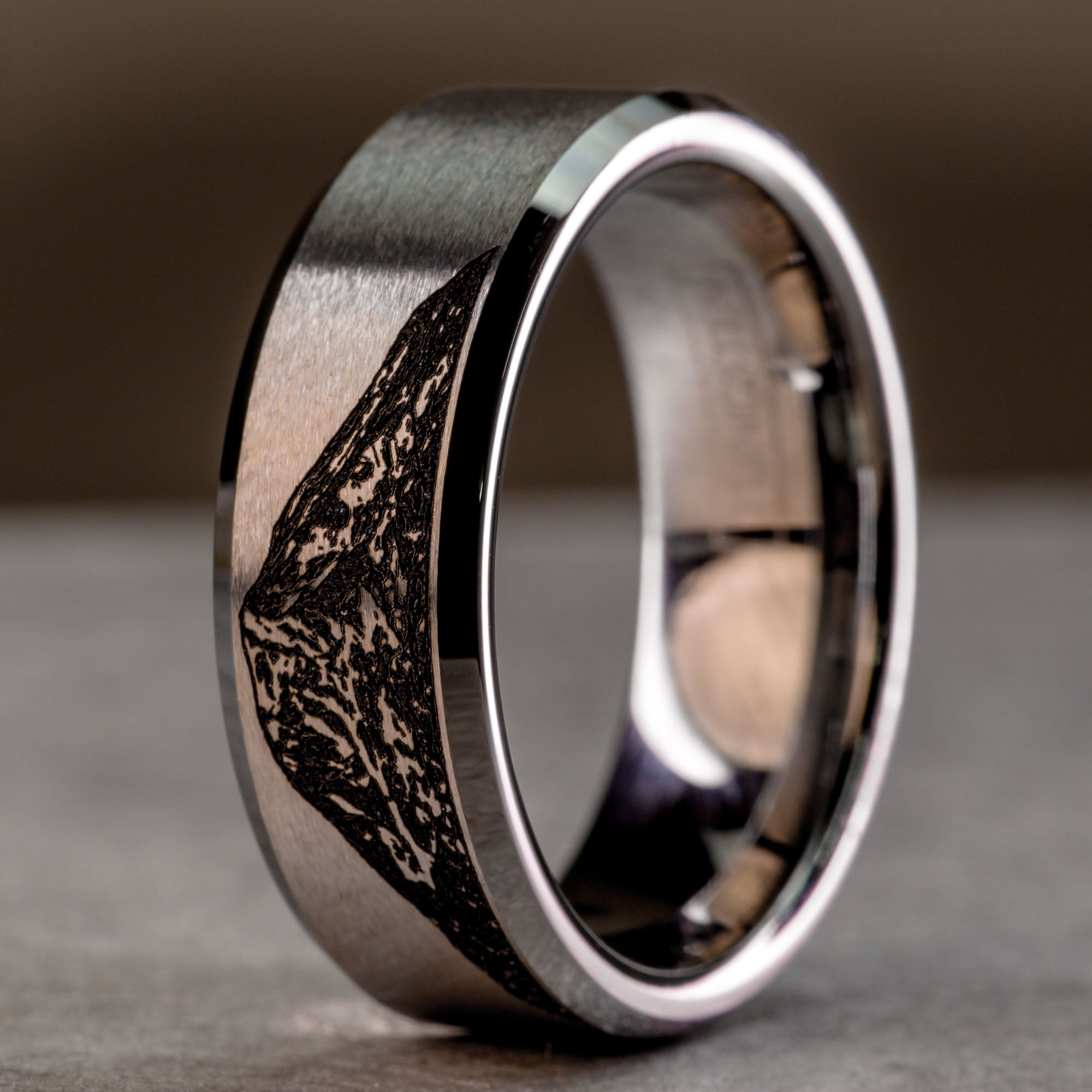 Beveled Tungsten Engraved Mount Adams Ring | Honest Hands Ring Co