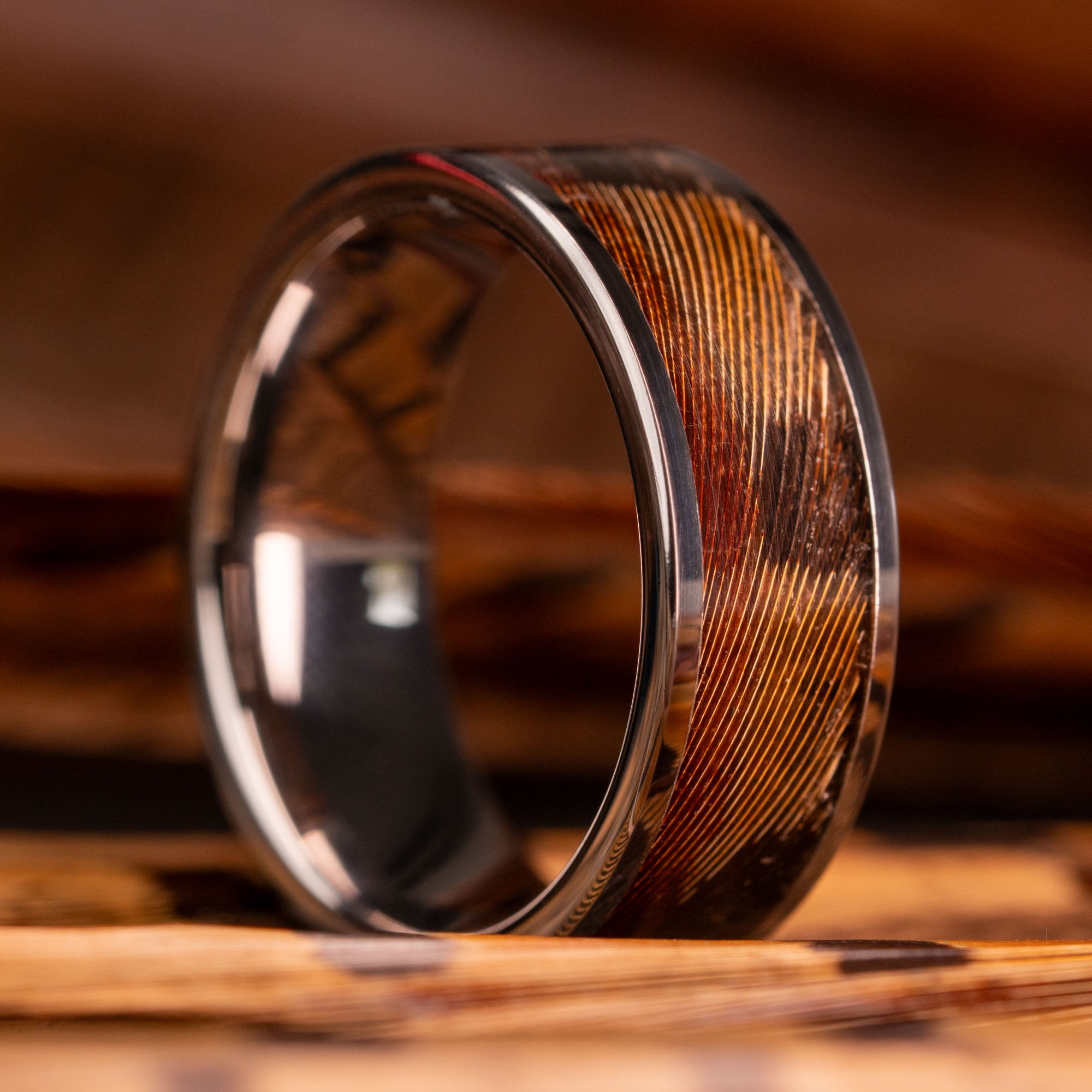 Tungsten Pheasant Feather Inlay Ring 7 8mm