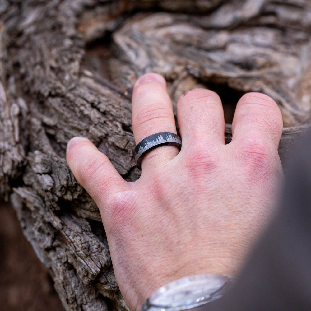 Black Beveled Tungsten Engraved Sasquatch Sighting Ring | Honest Hands ...