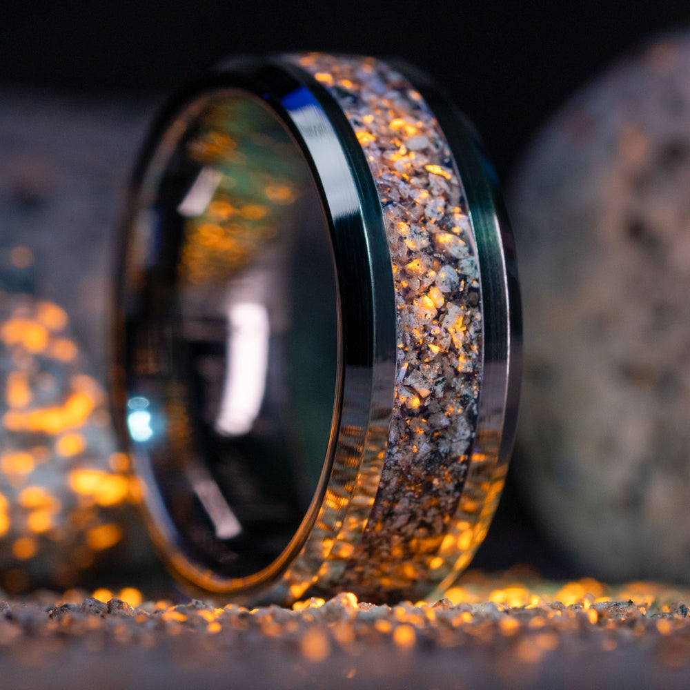 Beveled Tungsten Yooper Glow Stone Inlay Ring