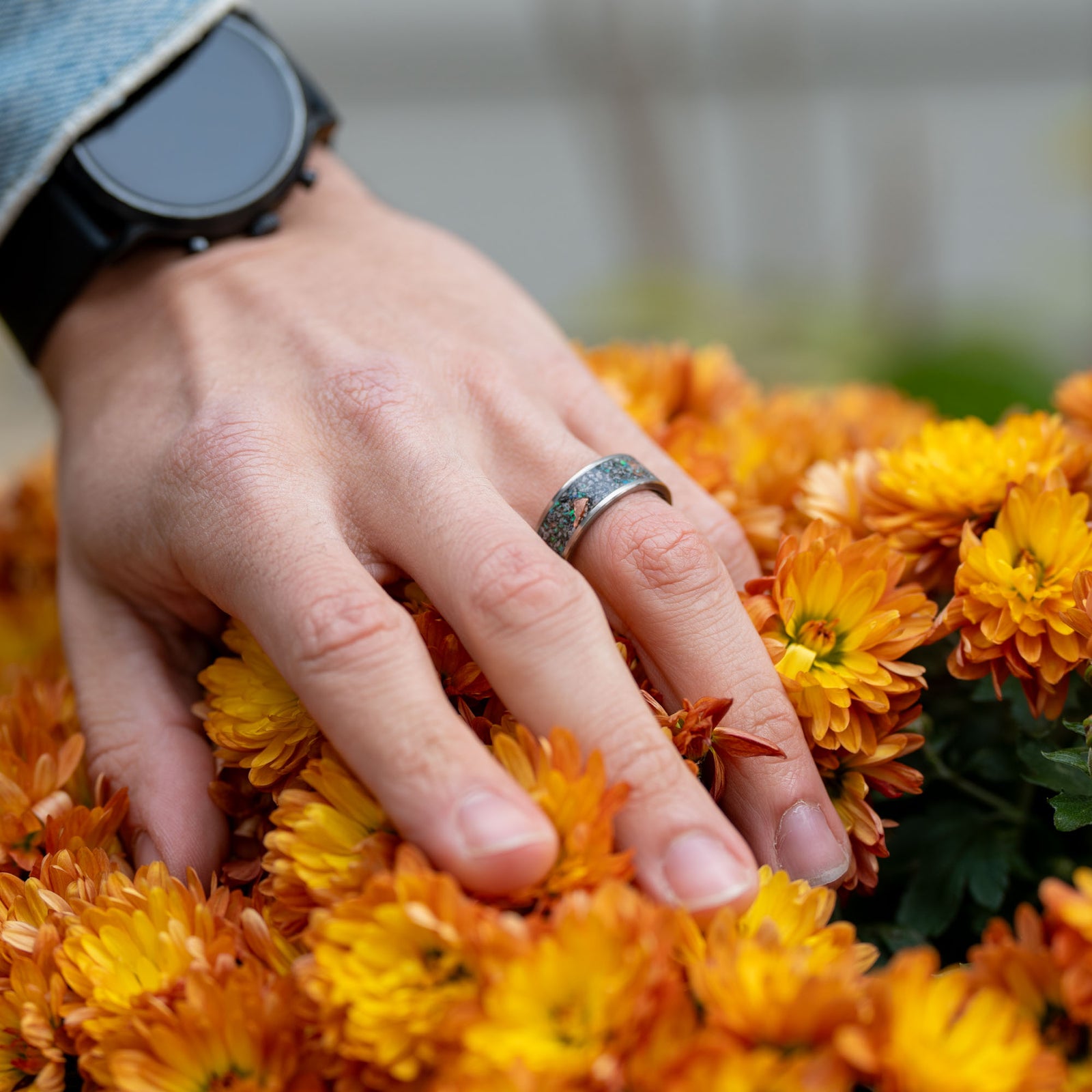 Titanium Yooper Glow Stone Copper & Opal Inlay Ring | Honest Hands Ring Co