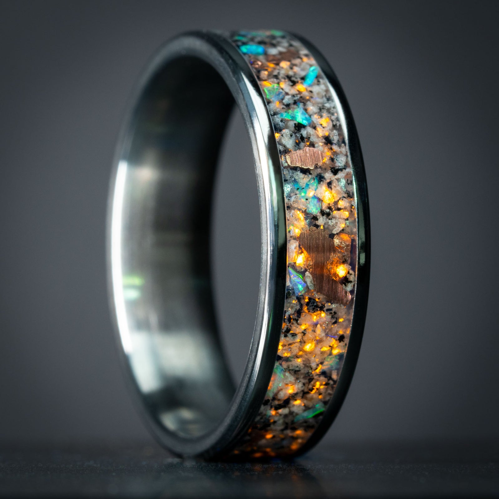 Titanium Yooper Glow Stone Copper & Opal Inlay Ring | Honest Hands Ring Co