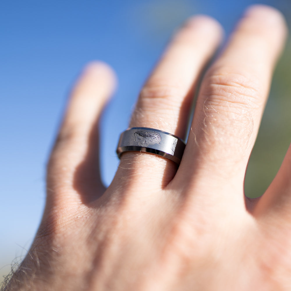 Beveled Tungsten Deep Engraved Lake Tahoe Depths Ring | Honest Hands ...