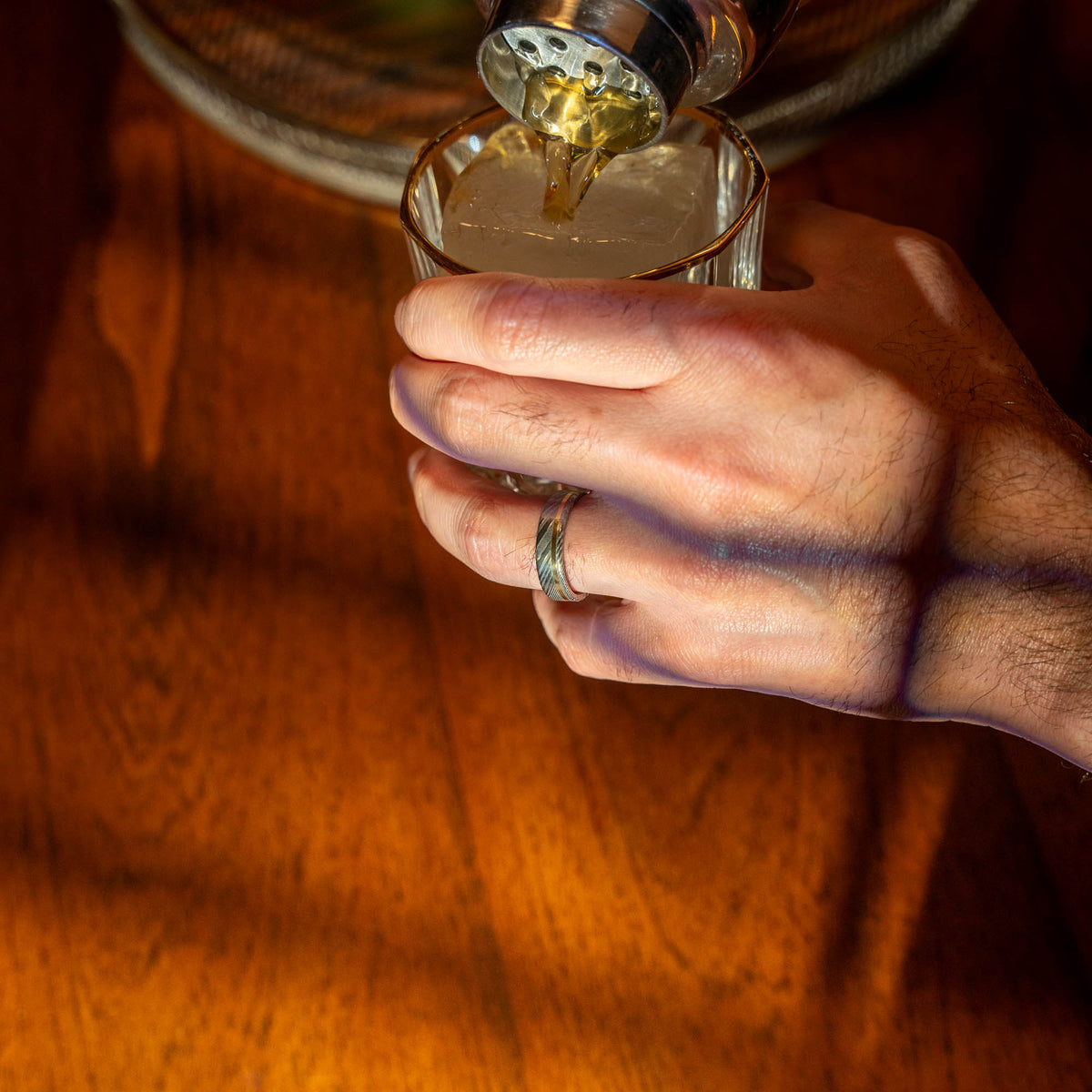 Stainless Damascus Offset Vertical Gold Inlay Ring | Honest Hands Ring Co