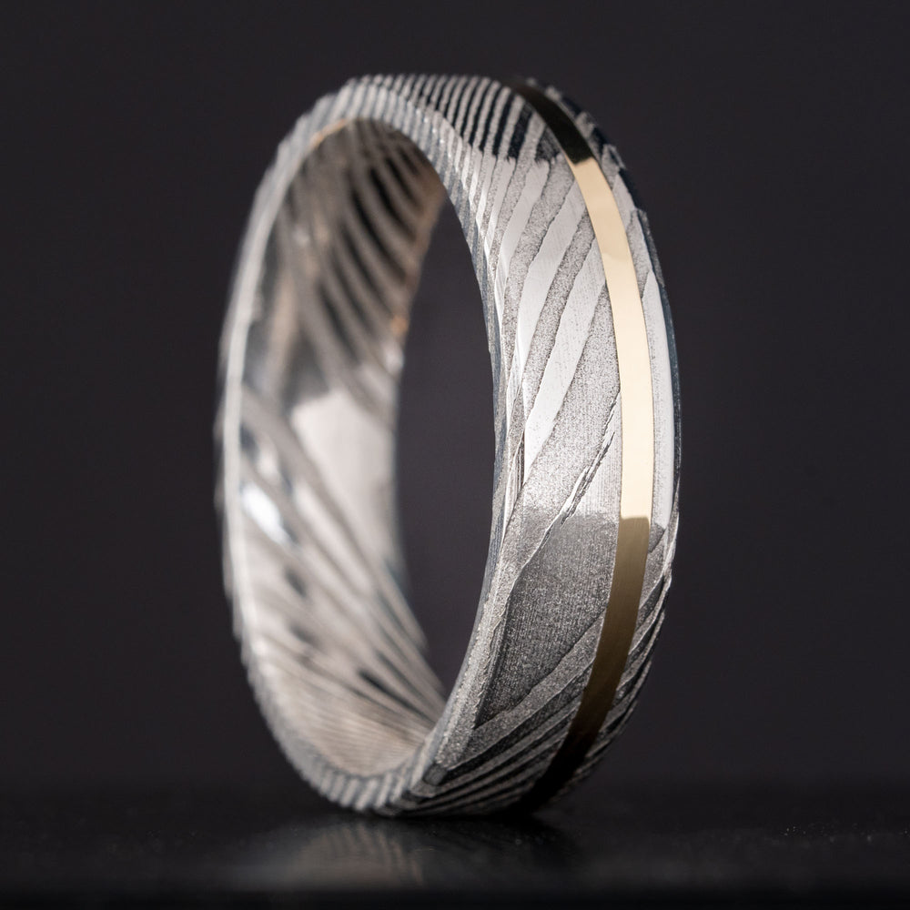 Stainless Damascus Offset Vertical Gold Inlay Ring