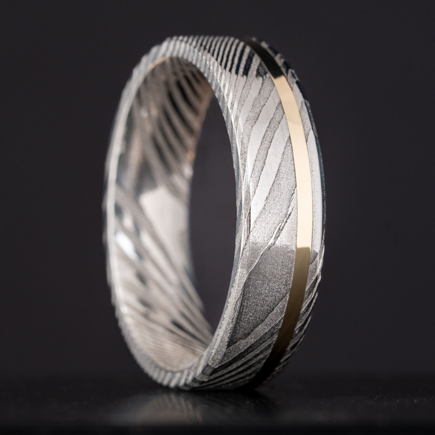Stainless Damascus Offset Vertical Gold Inlay Ring