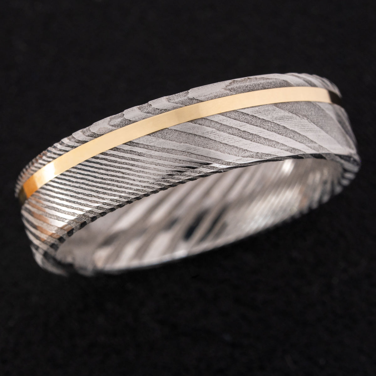 Stainless Damascus Offset Vertical Gold Inlay Ring | Honest Hands Ring Co