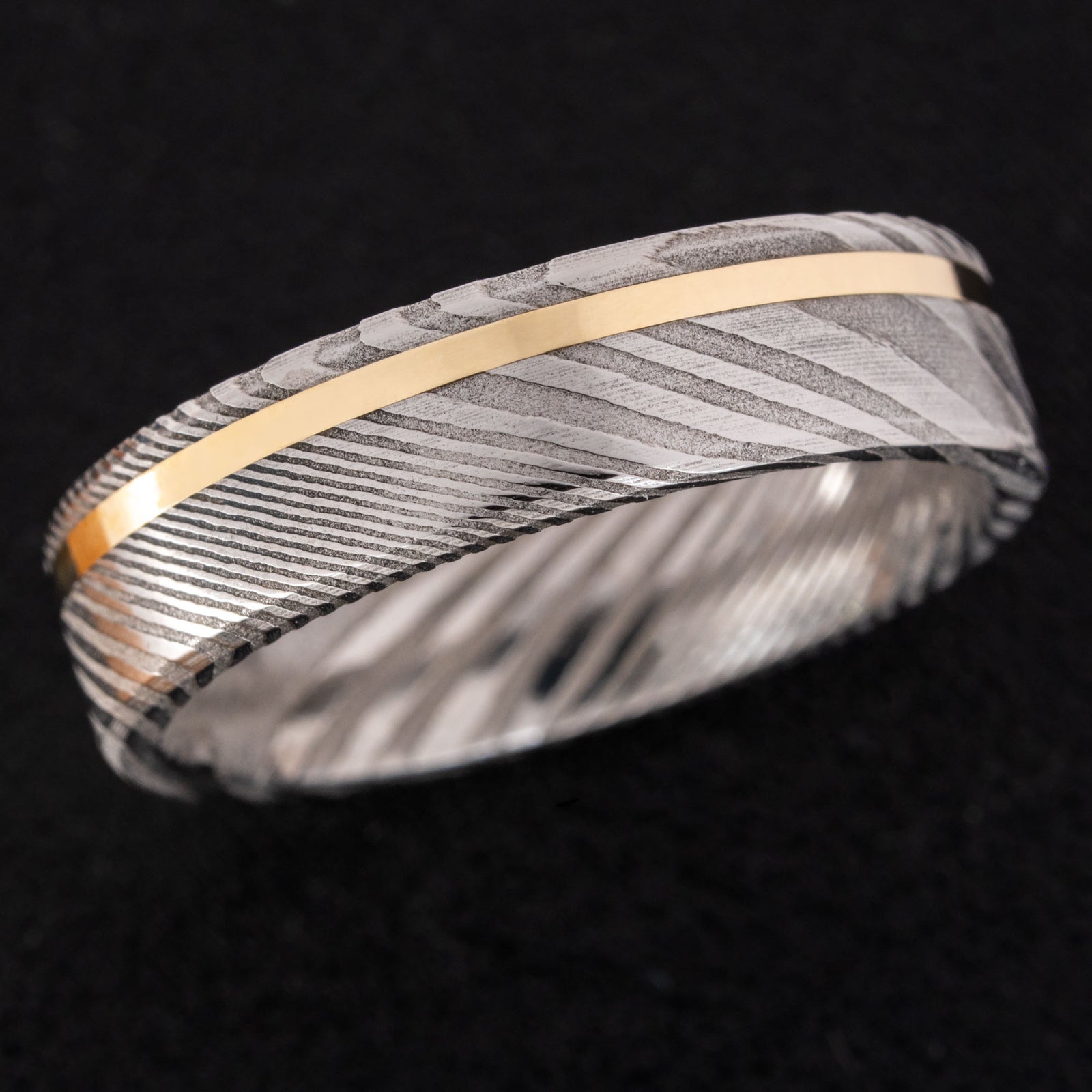 Stainless Damascus Offset Vertical Gold Inlay Ring | Honest Hands Ring Co