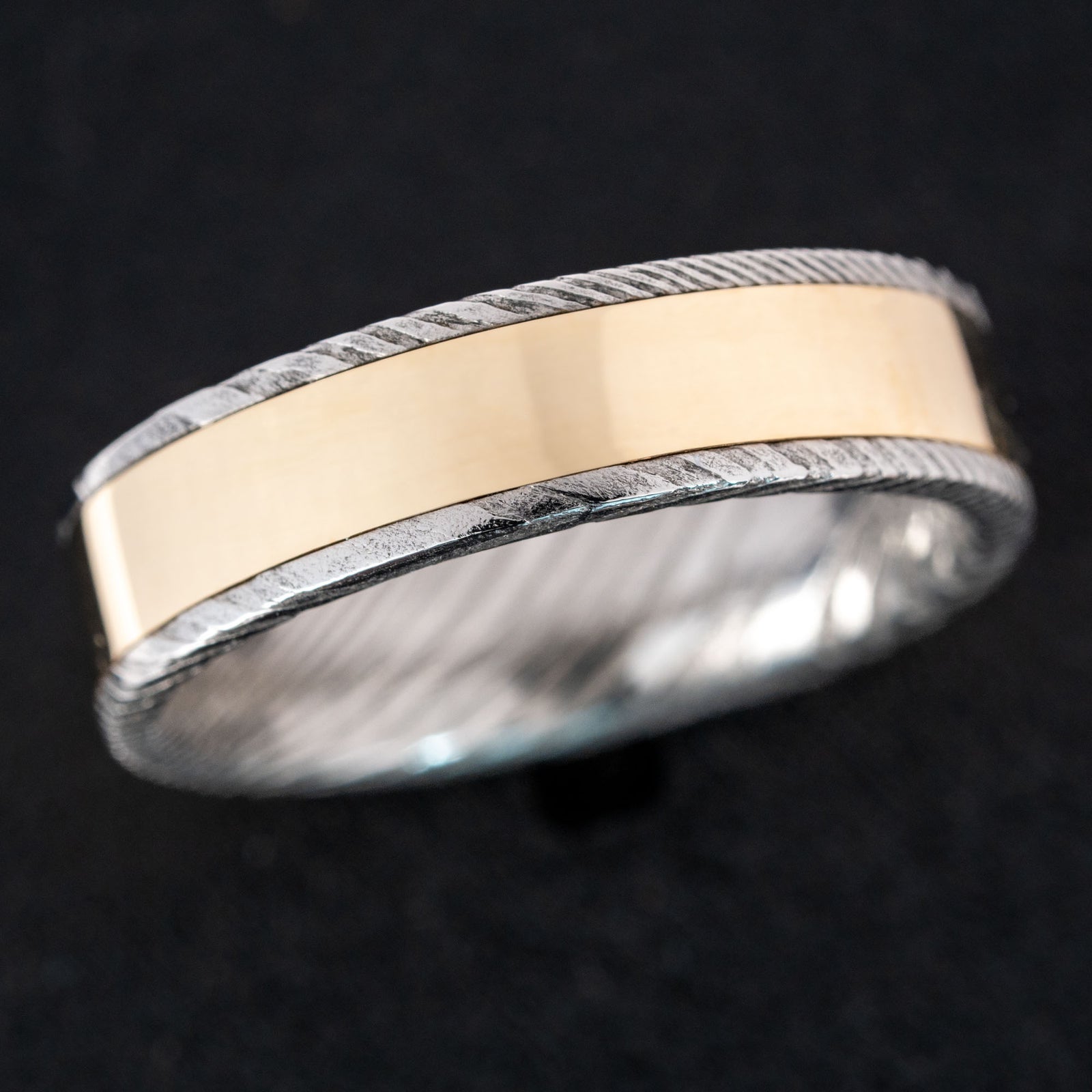 Stainless Damascus Wide Gold Inlay Ring | Honest Hands Ring Co
