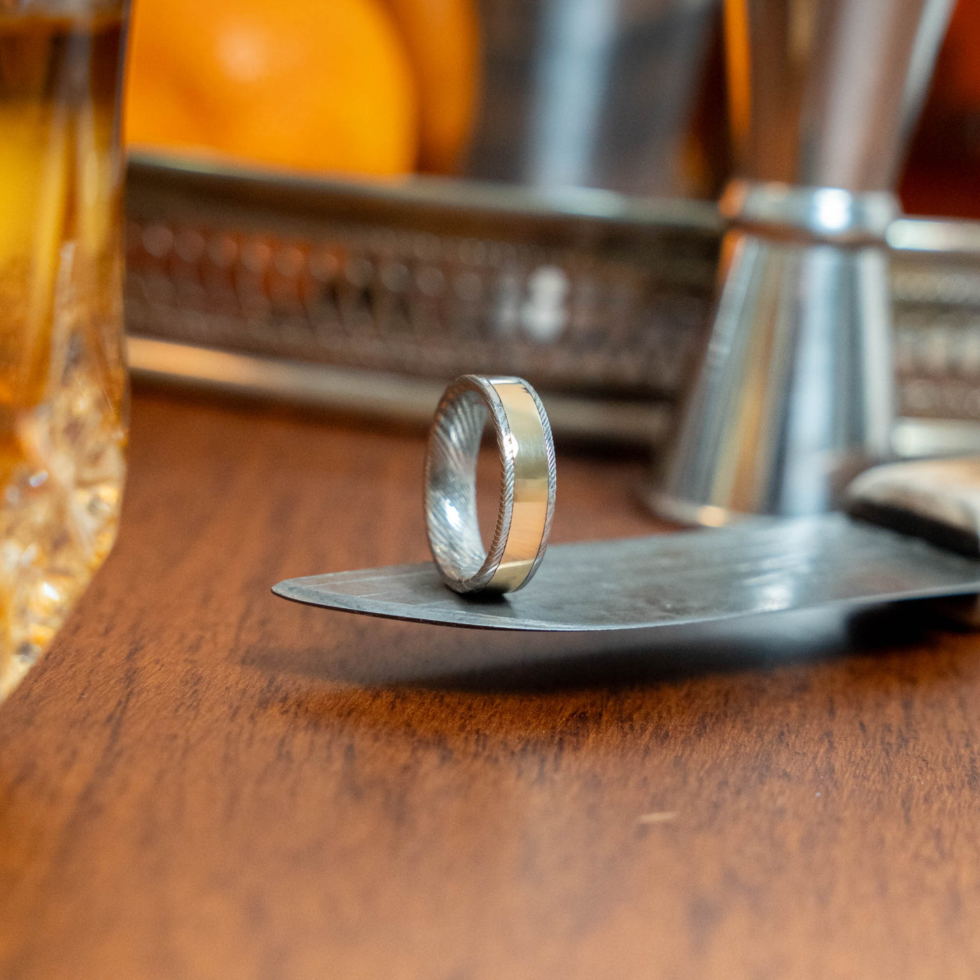 Stainless Damascus Wide Gold Inlay Ring | Honest Hands Ring Co