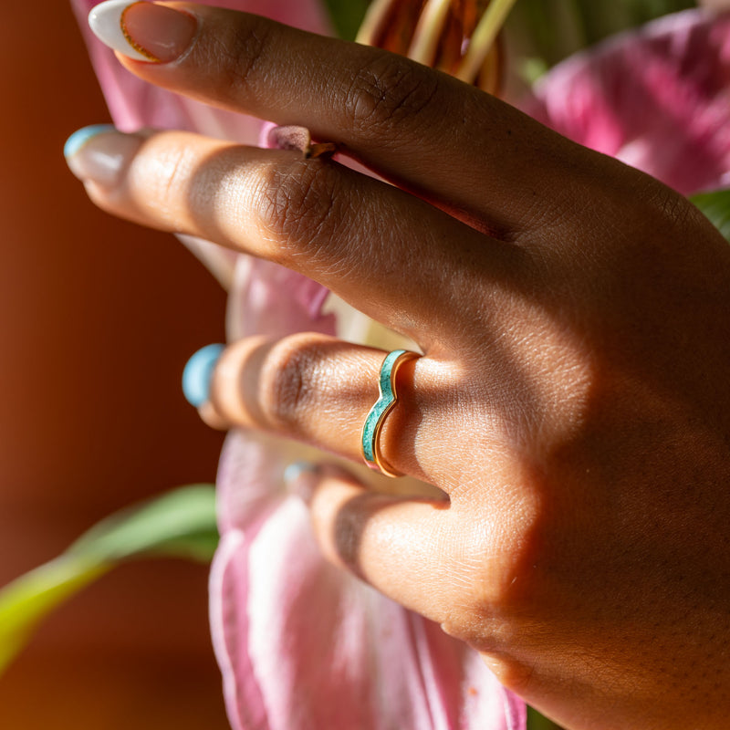 Thin Gold Chevron Turquoise Inlay Ring