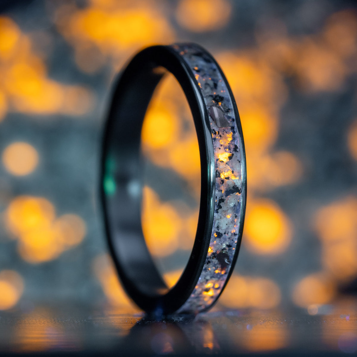 Thin Titanium Yooper Glow Stone & Copper Inlay Ring | Honest Hands Ring Co