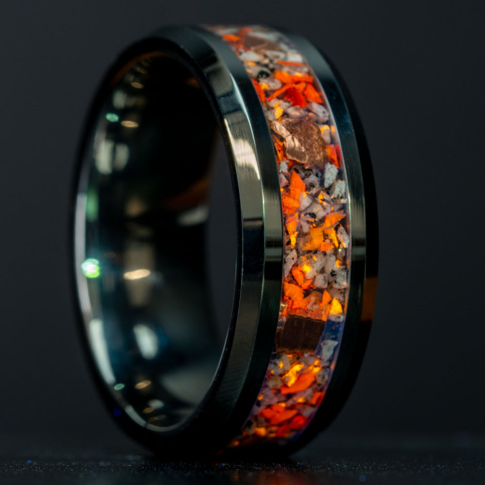 Beveled Tungsten Fire Opal Yooper Glow & Copper Inlay Ring