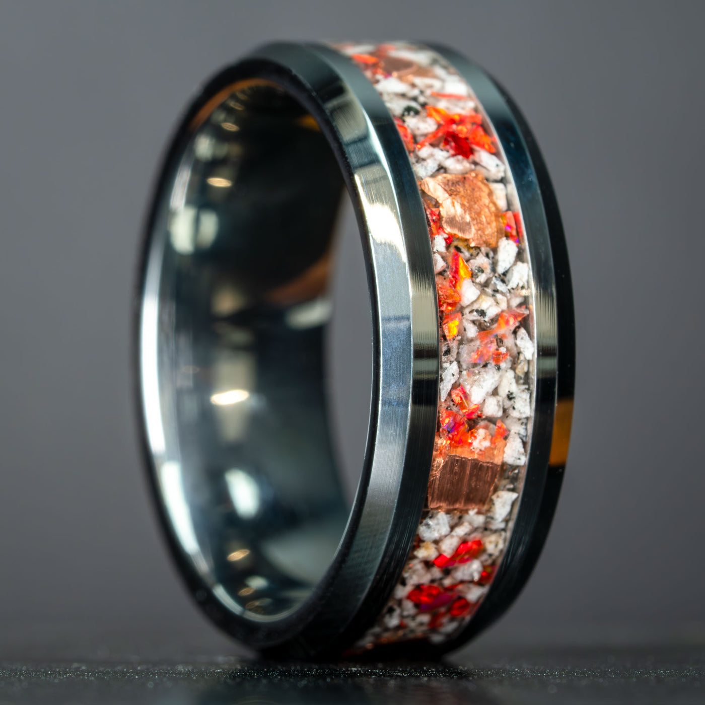 Beveled Tungsten Fire Opal Yooper Glow & Copper Inlay Ring